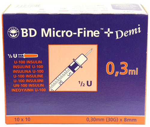 BD Micro-Fine Demi U100 0.3ml Syringe 0.30mm (30G) x 8mm - Box of 100 ...